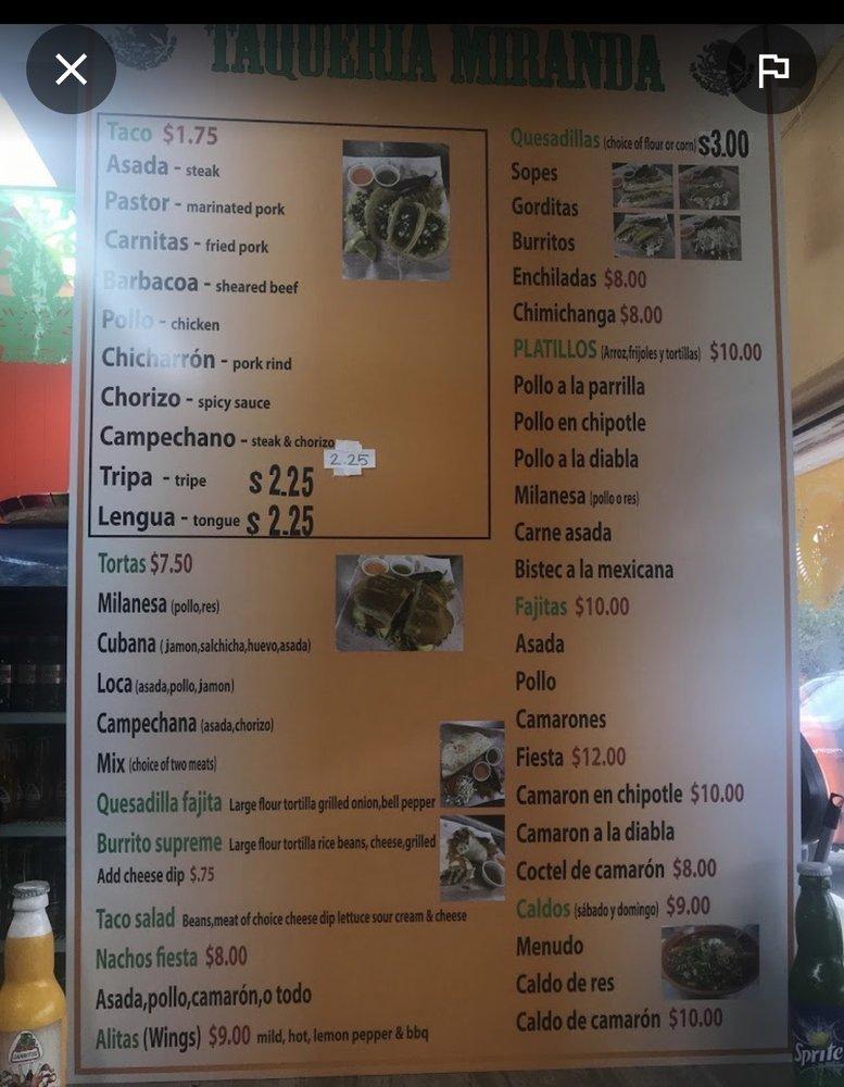 Menu at Taqueria Miranda (Tallahassee) restaurant, Tallahassee