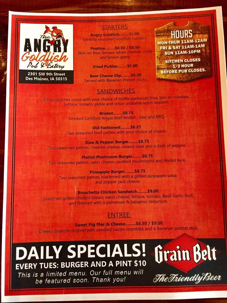 Menu at Angry Goldfish Pub & Eatery, Des Moines