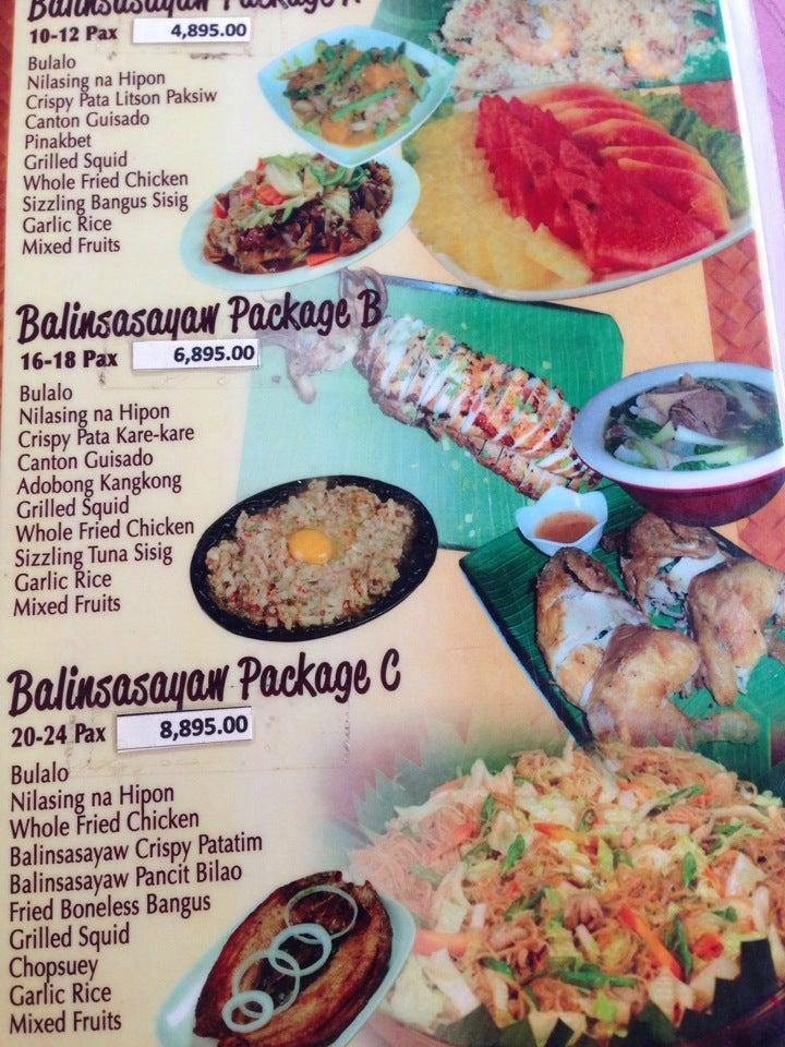 Menu at Balinsasayaw restaurant, Laurel, Aguinaldo Highway