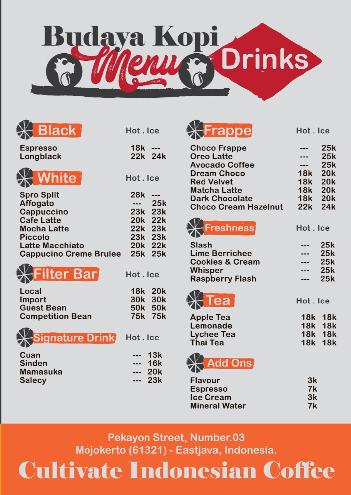 Menu at Budaya Kopi cafe, Mojokerto