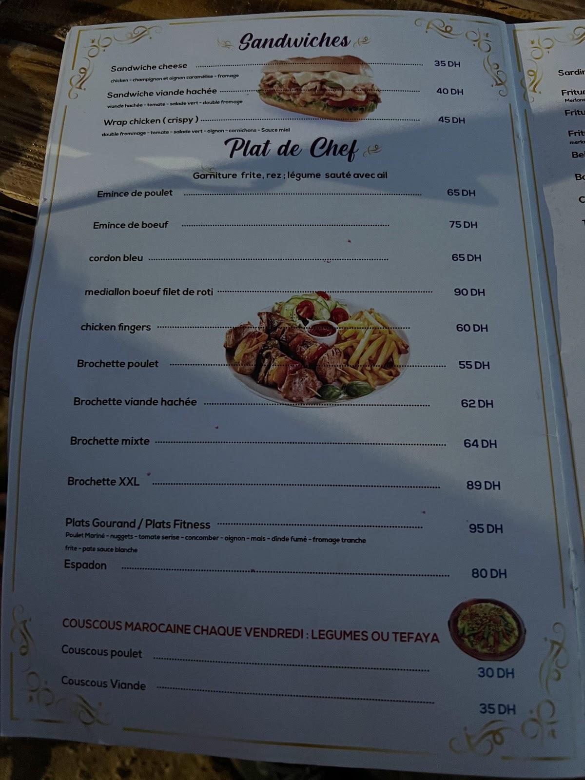 Menu at Café Sunset des Nations restaurant, Bouknadel