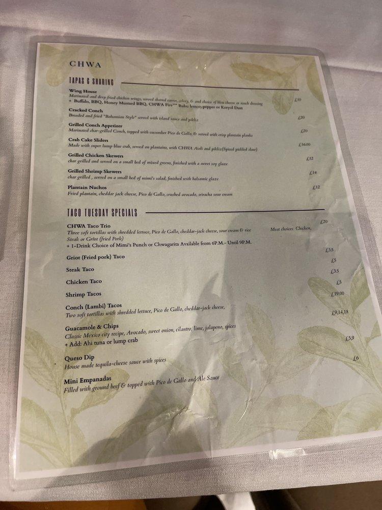 Menu at Chwa Hollywood restaurant, Hollywood