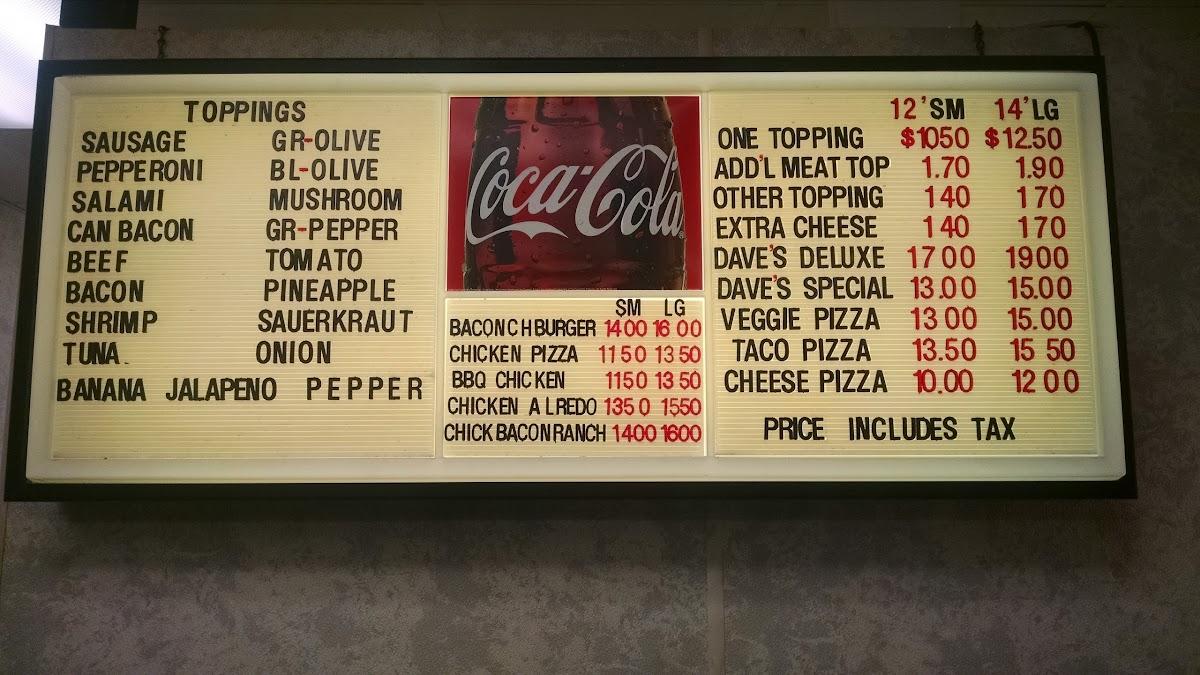 Menu at Dave's Pizza pizzeria, Virginia