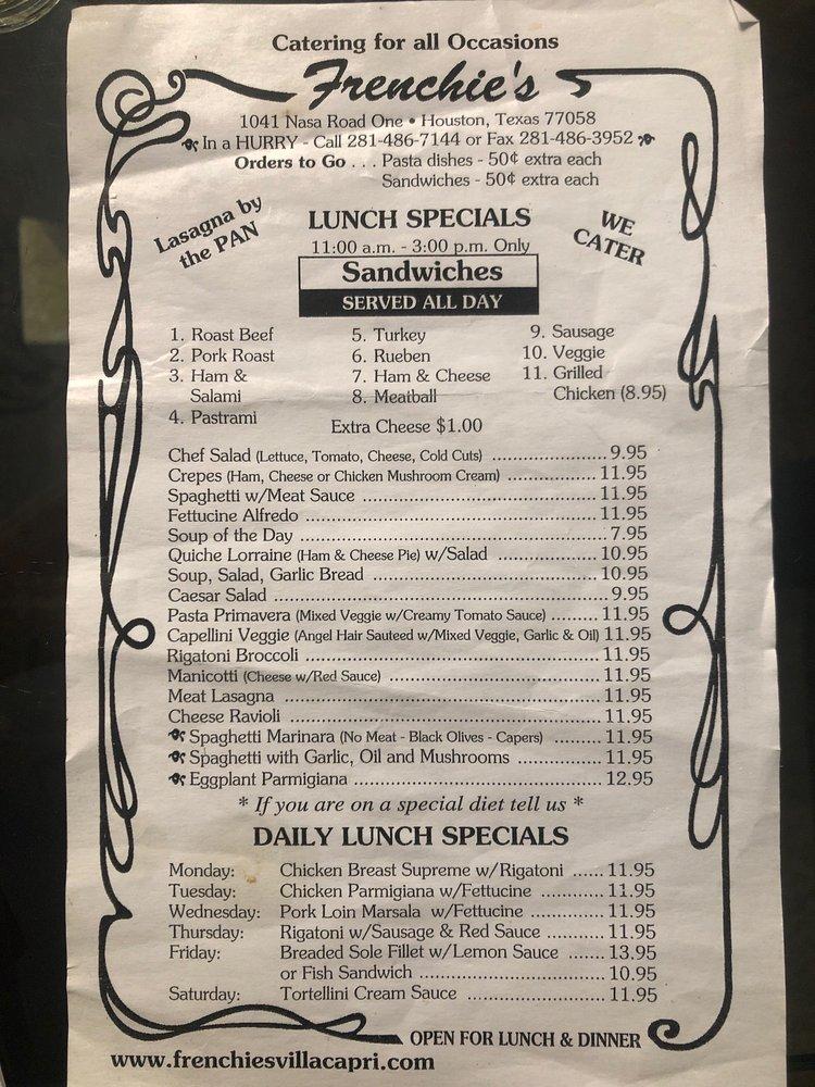 Menu at Frenchies restaurant, Houston