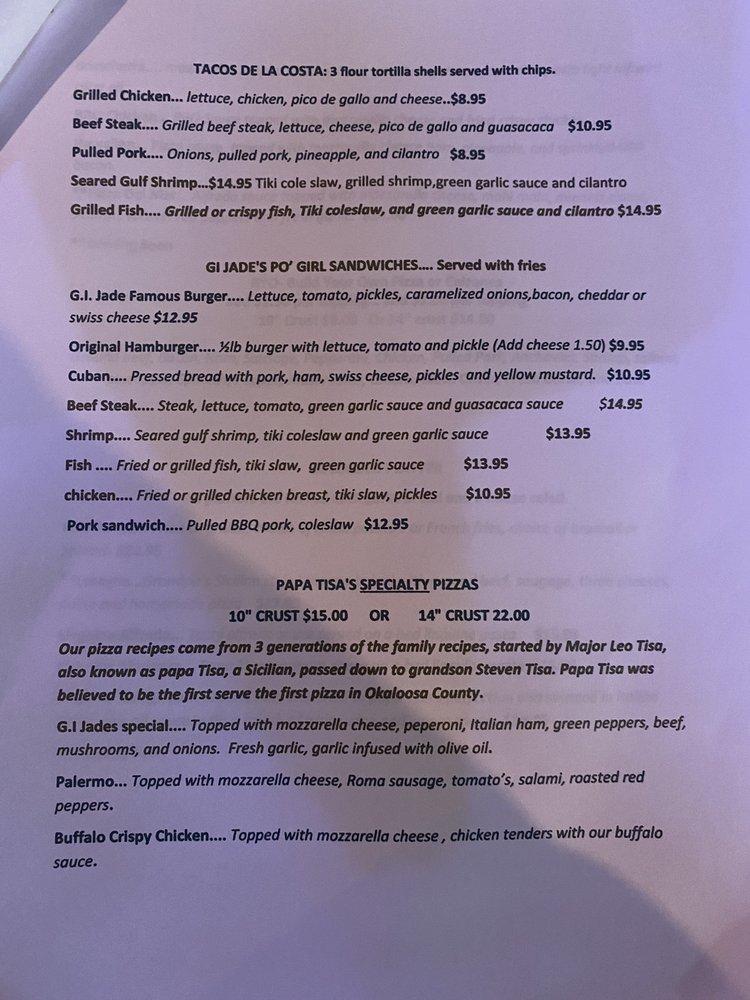 Menu at G.I. Jade Tiki Bar & Bistro, Fort Walton Beach