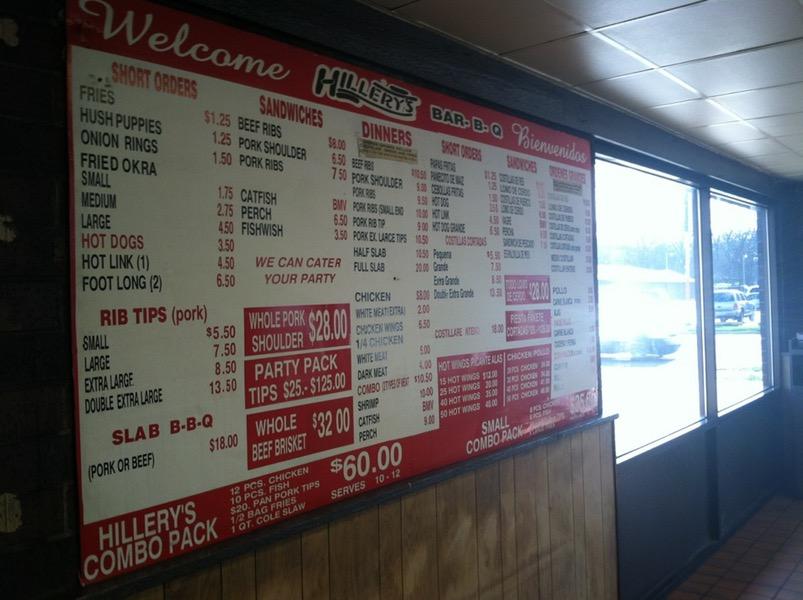 Menu at Hillery's BBQ, Waukegan