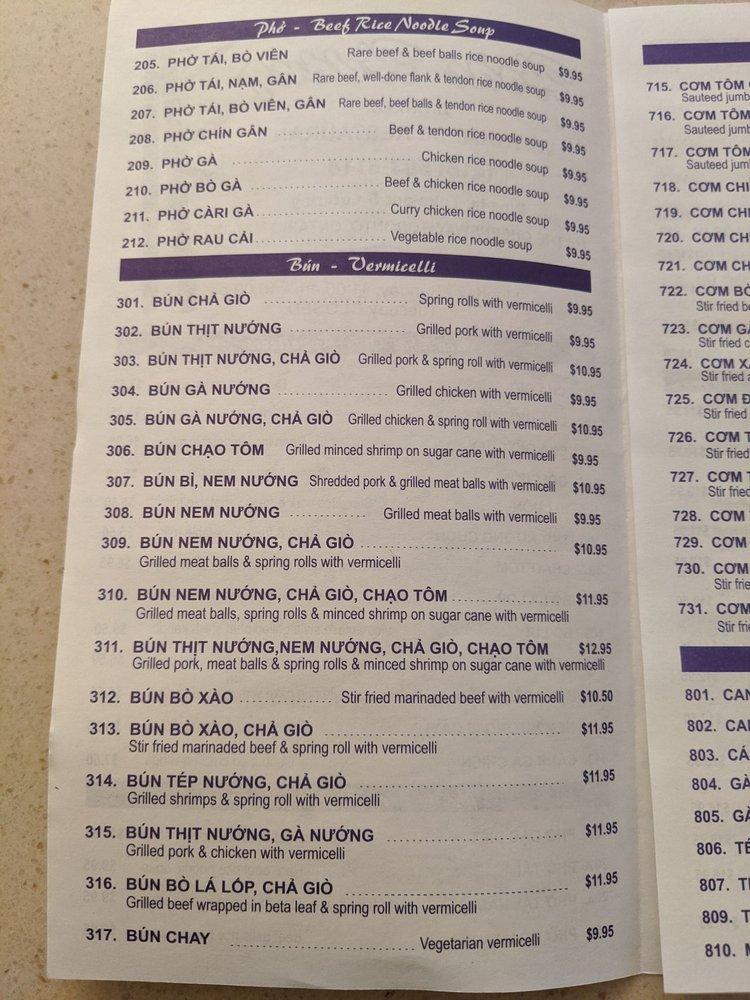 Menu at Hoai Huong Restaurant, Toronto