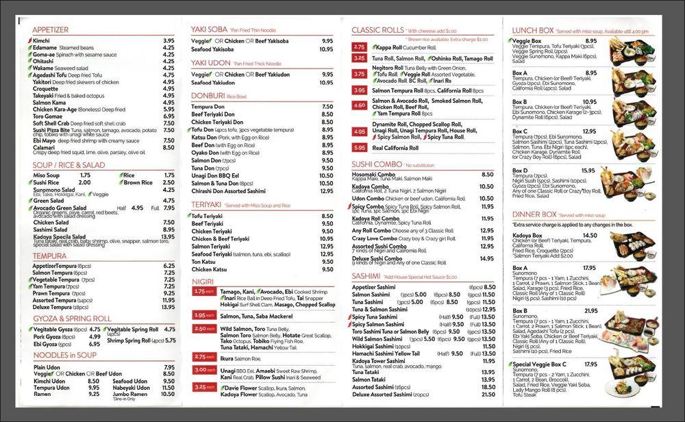 Menu at Kadoya Japanese Restaurant, Vancouver, Davie St