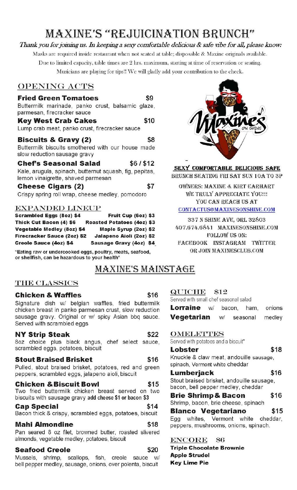 Menu at Maxine's On Shine pub & bar, Orlando