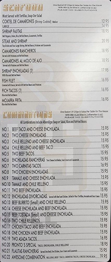 Menu at Muy Pronto's Mexican grill restaurant, Torrance
