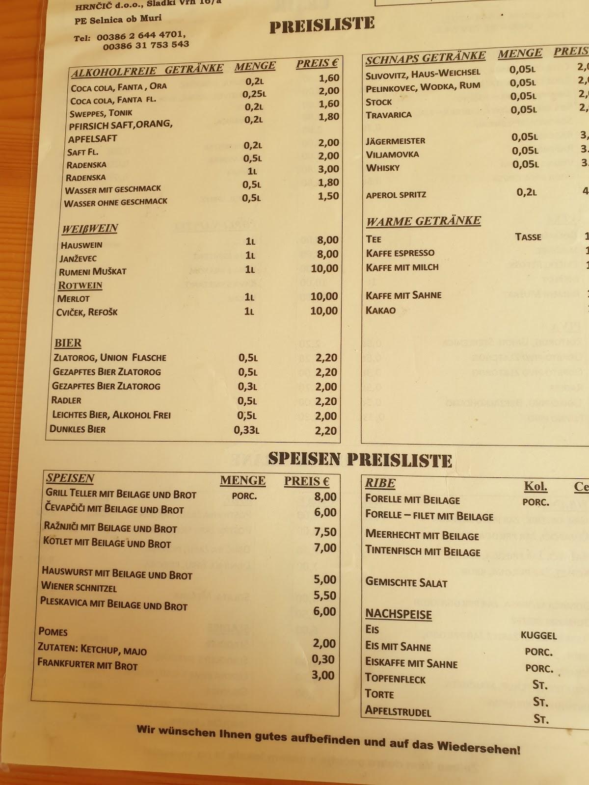 Speisekarte von Okrepcevalnica Brod restaurant, Sladki Vrh