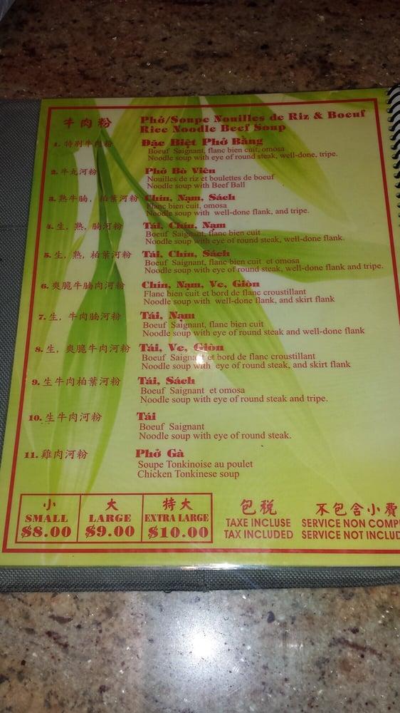 Menu at Pho Bang New York restaurant, Montréal