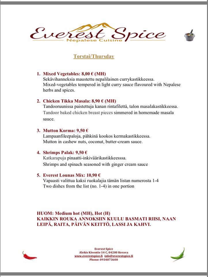 Carta del restaurante Ravintola Everest Spice, Finlandia