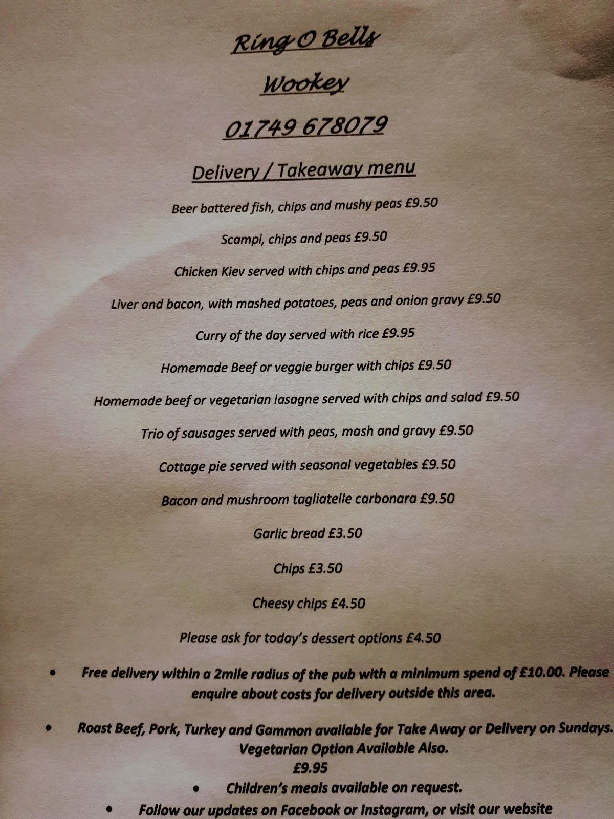 Menu at Ring O' Bells Wookey pub & bar, Wells