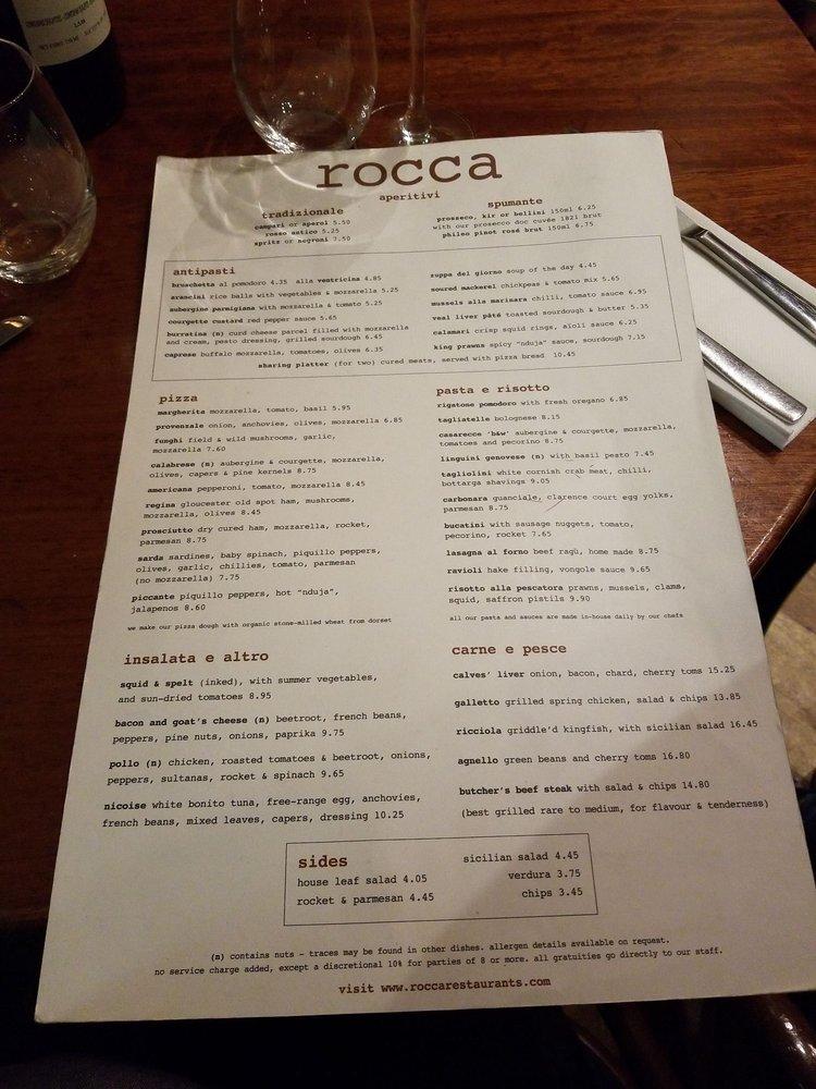 Menu at Rocca restaurant, London, 73 Old Brompton Rd