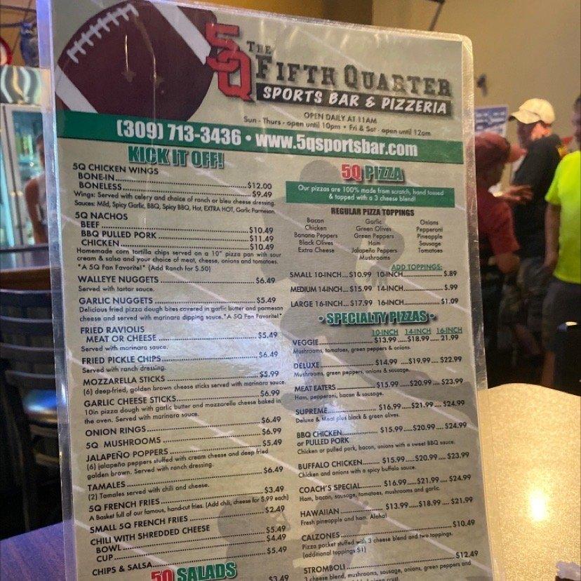 Menu at The 5th Quarter Sports Bar and Pizzeria, East Peoria