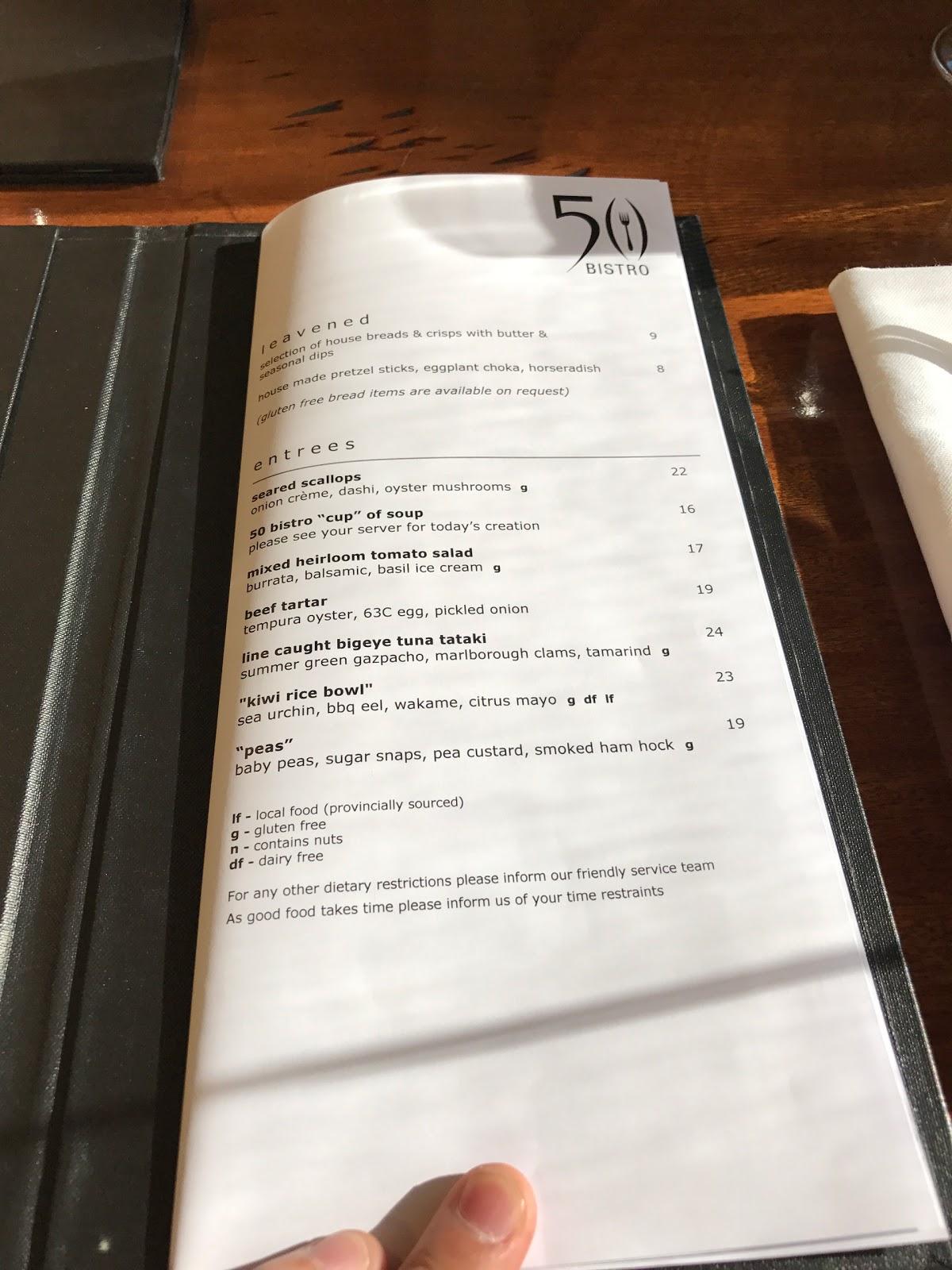 Menu at The George restaurant, Christchurch, 50 Park Terrace