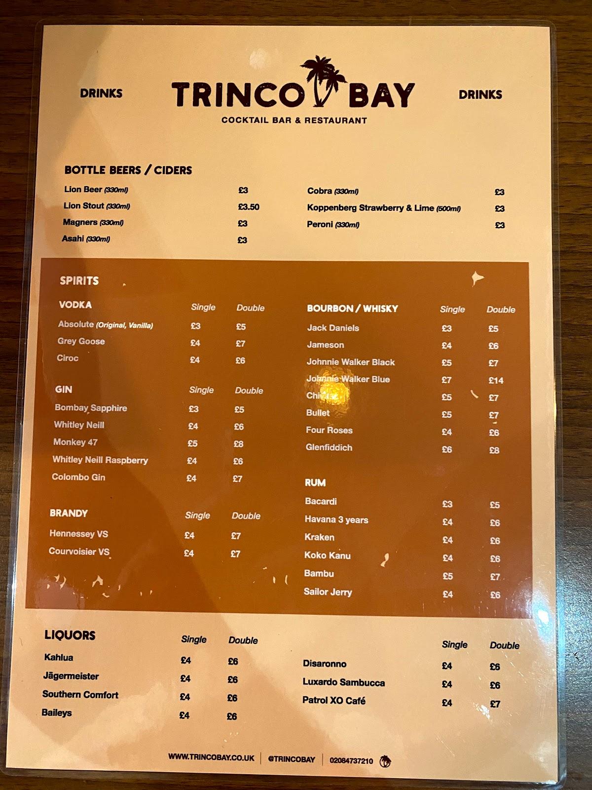 Menu at Trinco Bay restaurant, Harrow