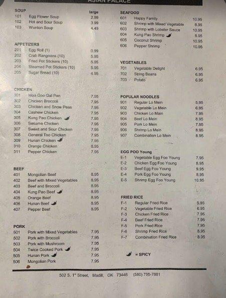 Menu at Asian Palace restaurant, Madill
