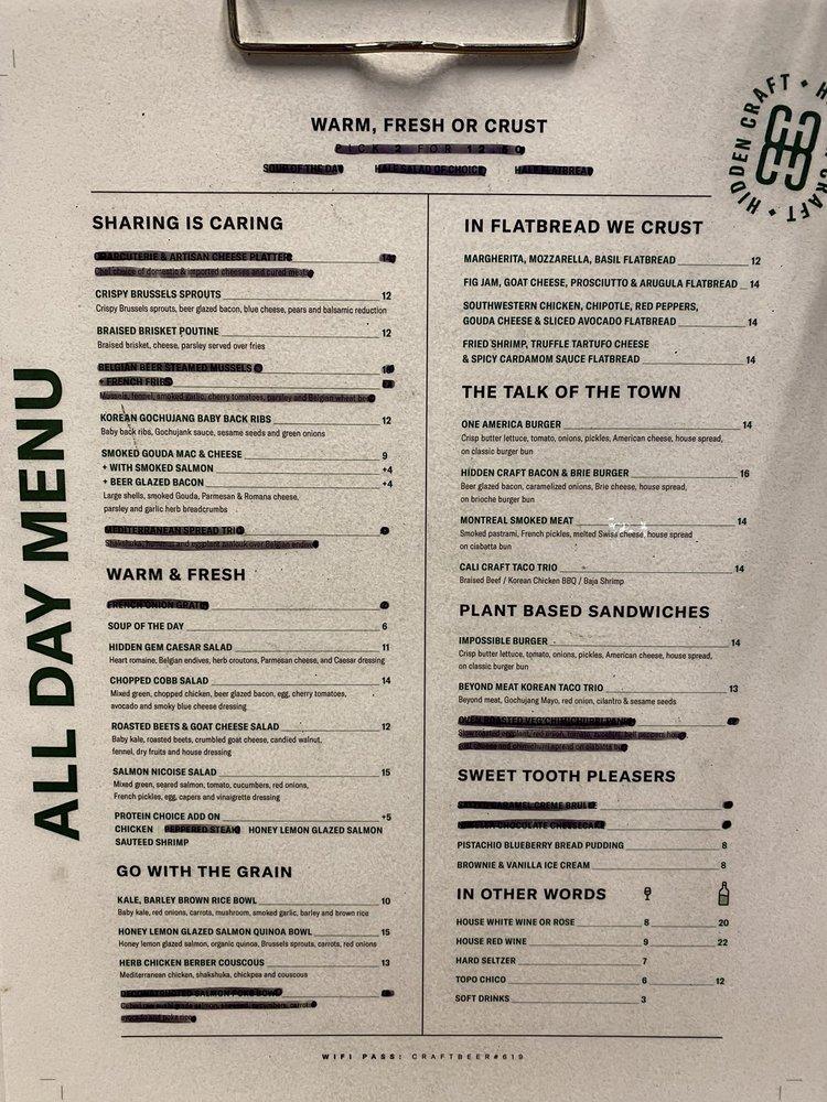 Menu at Hidden Craft SD pub & bar, San Diego