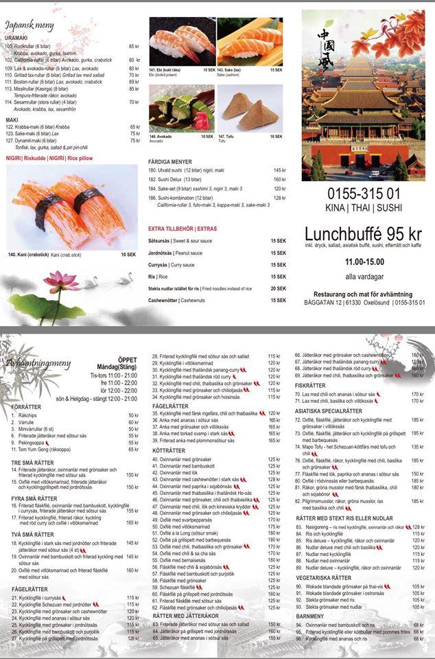 Menu at Long restaurant, Oxelösund