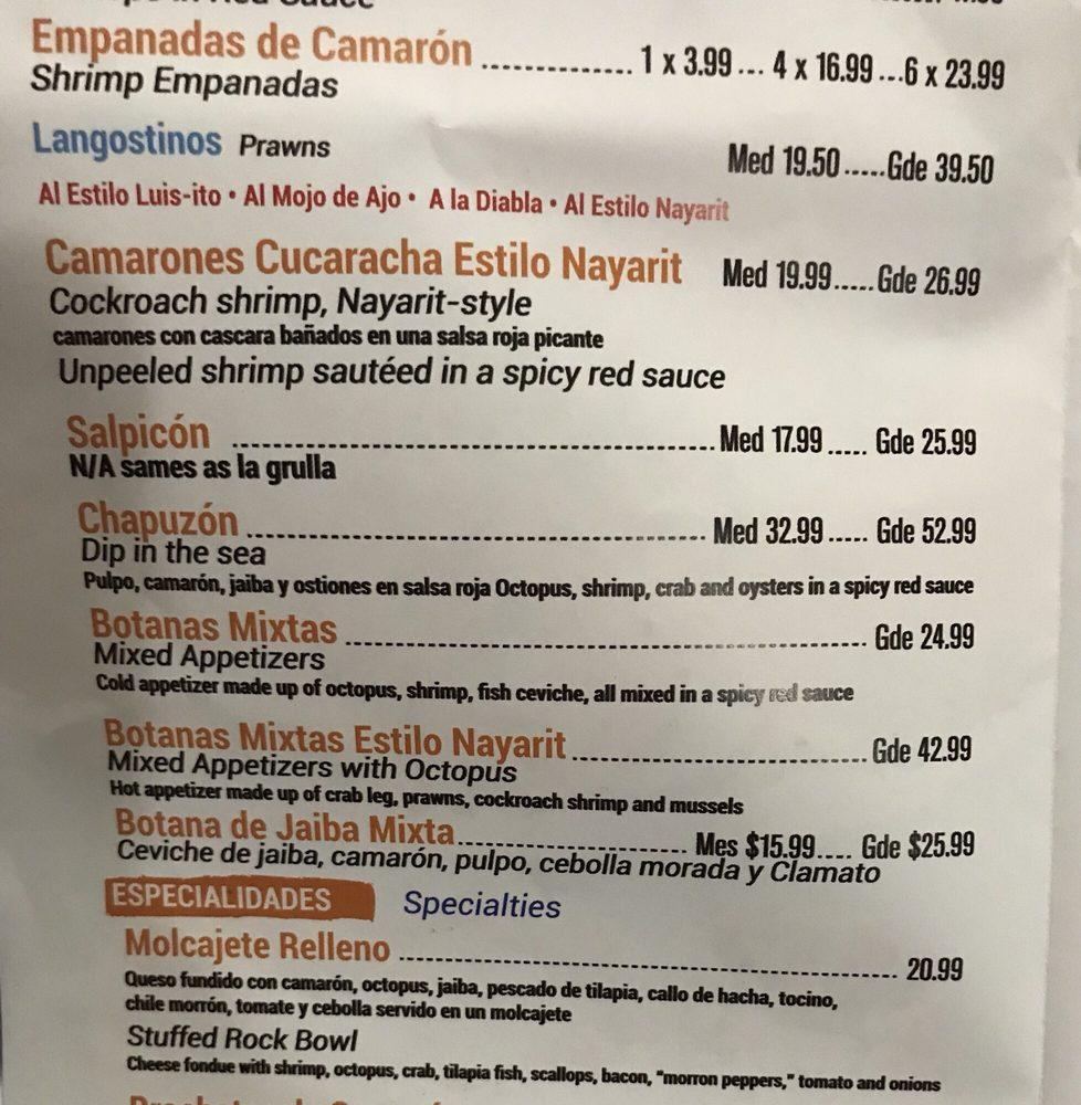 Menu at Mariscos Luis restaurant, Chicago, W 47th St