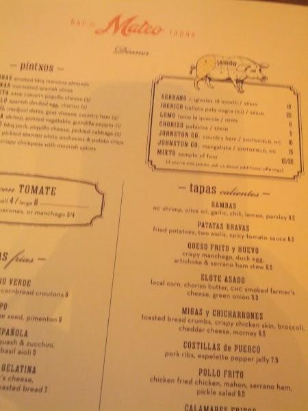 Menu at Mateo Bar de Tapas, Durham