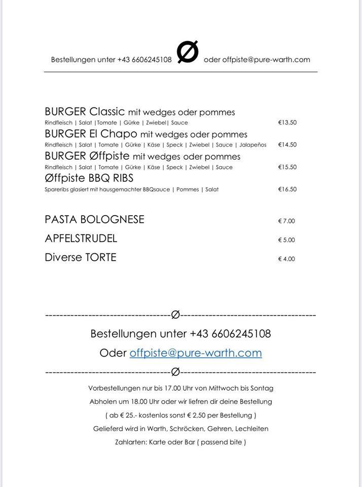 Menu at Off Piste Alpenbrasserie & Bar, Warth