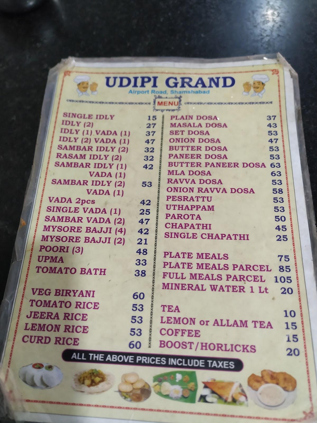 Menu at Udipi Grand Hotel, Hyderabad