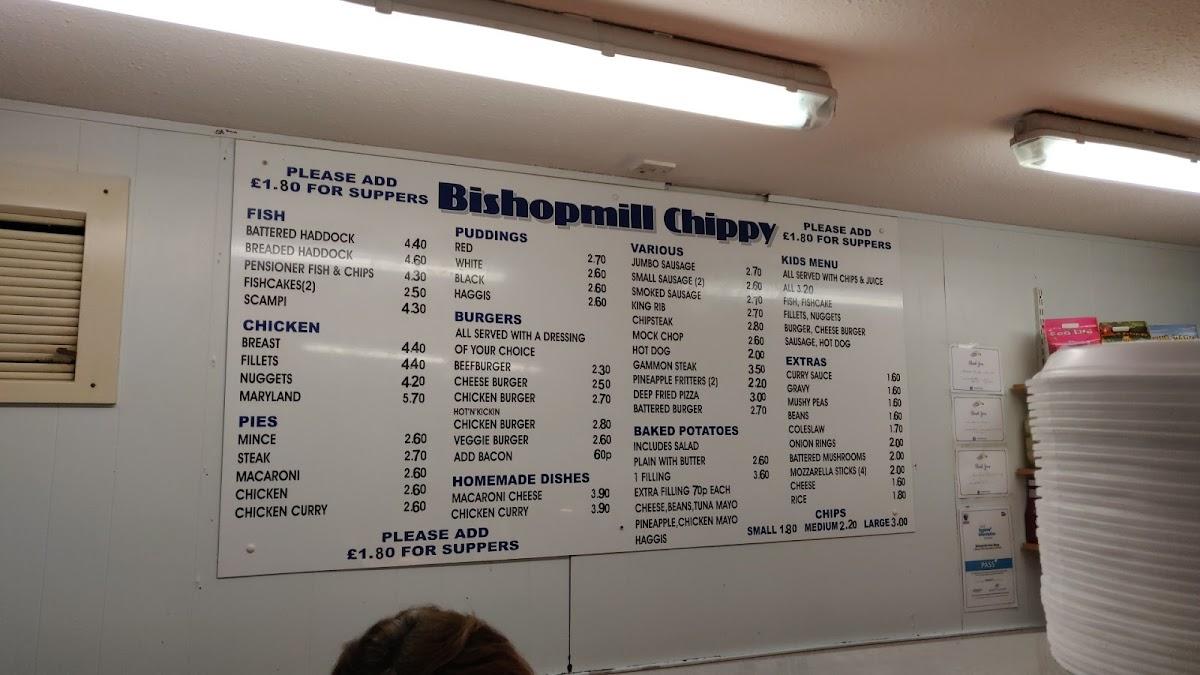 Menu at Bishopmil Chippy restaurant, Elgin
