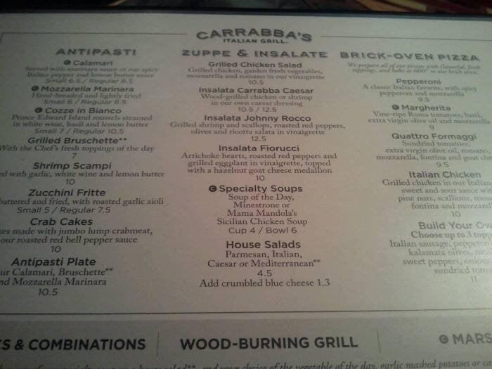 Menu at Carrabba's Italian Grill restaurant, Lafayette