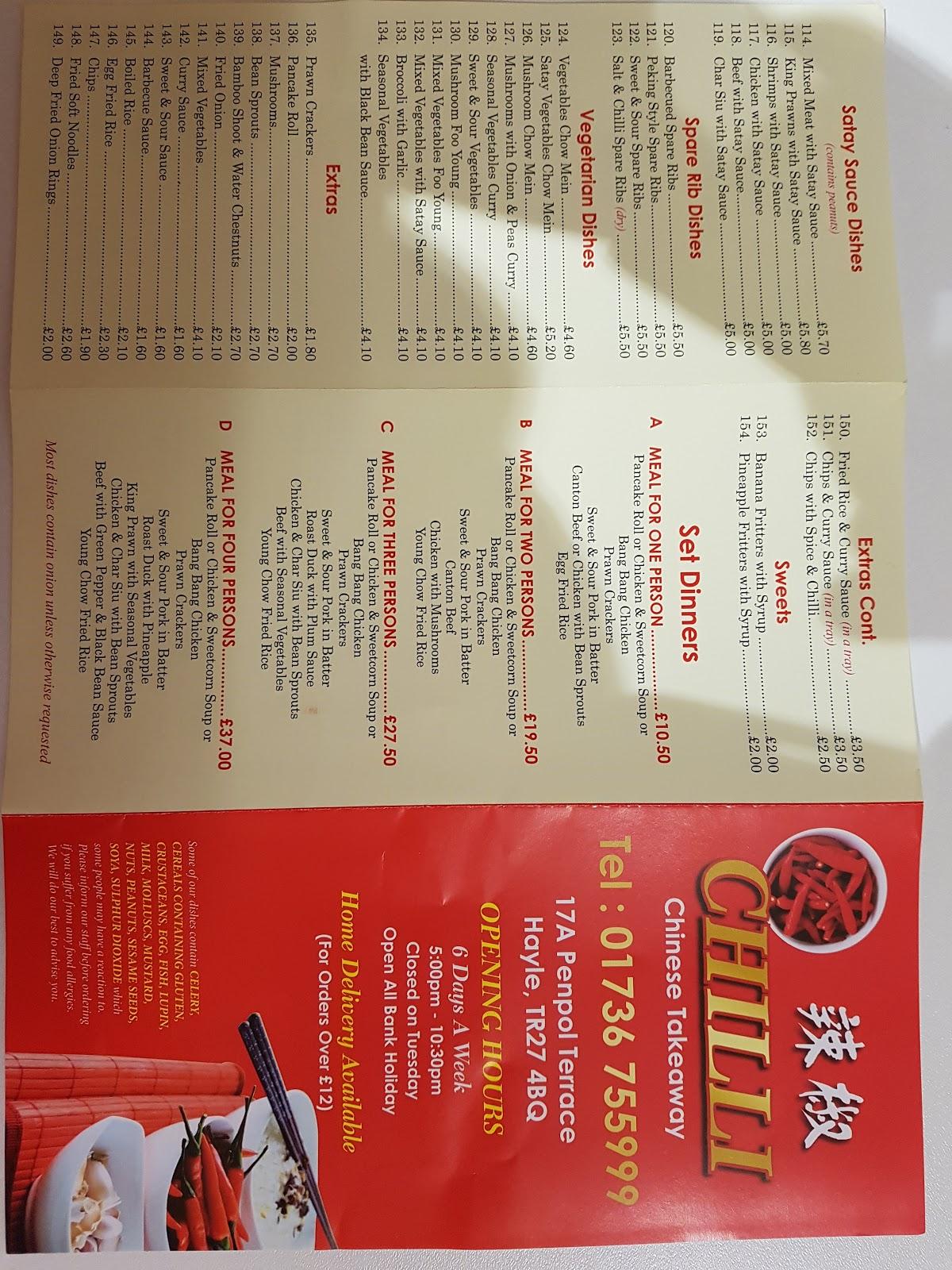 Menu at Chilli Chinese Takeaway fast food, Hayle