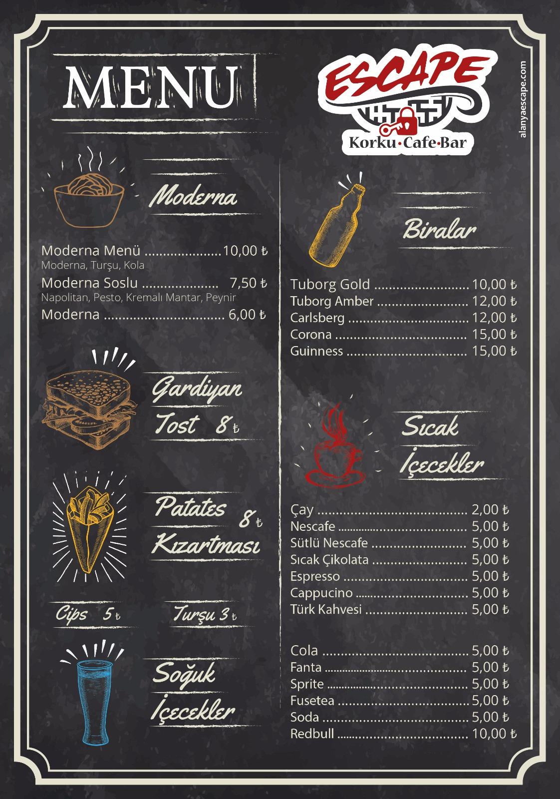 Menu at Escape Cafe & Korku Evi, Alanya