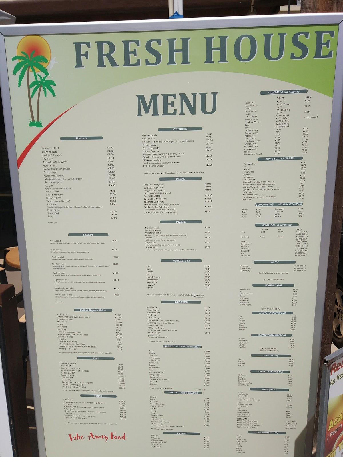 Menu at Fresh House Bar and Restaurant, Protaras, Pernera 69
