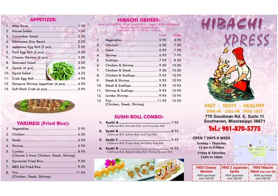 Menu at Hibachi Xpress restaurant, Southaven, 775 Goodman Rd E