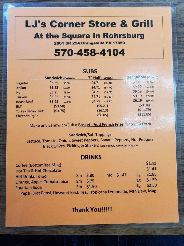 Menu at LJ's Corner Store & Grill, Rohrsburg