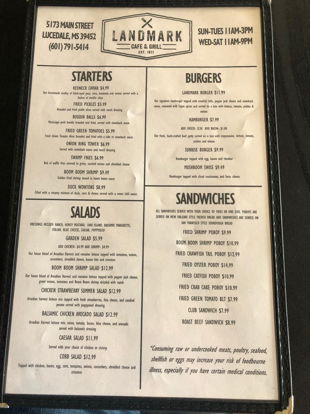 Menu at Landmark Café & Grill cafe, Lucedale