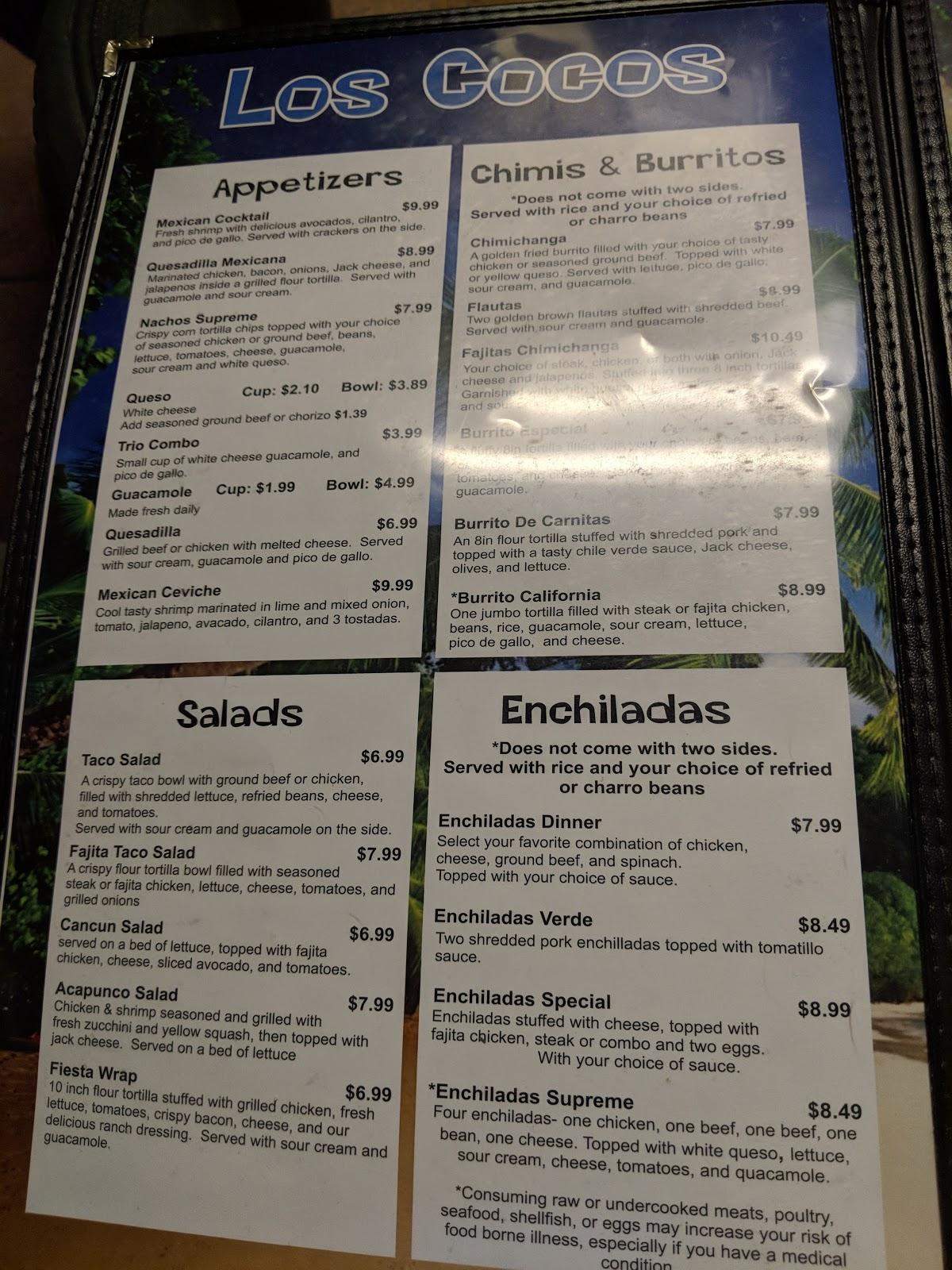 Carta del restaurante Los Cocos, Salina