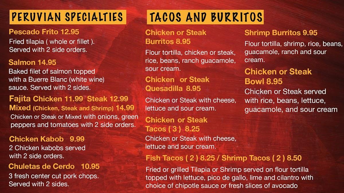 Menu at Peru's Chicken restaurant, Mitchellville