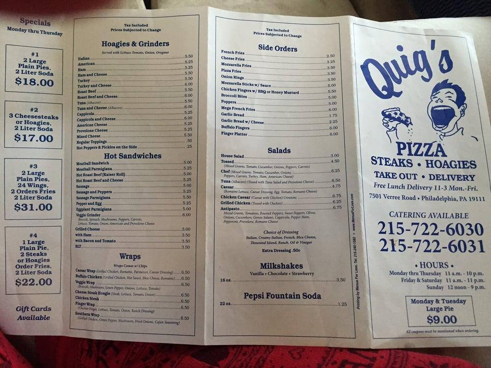 Menu at Quig's Pizza Steaks & Hoagie's pizzeria, Philadelphia