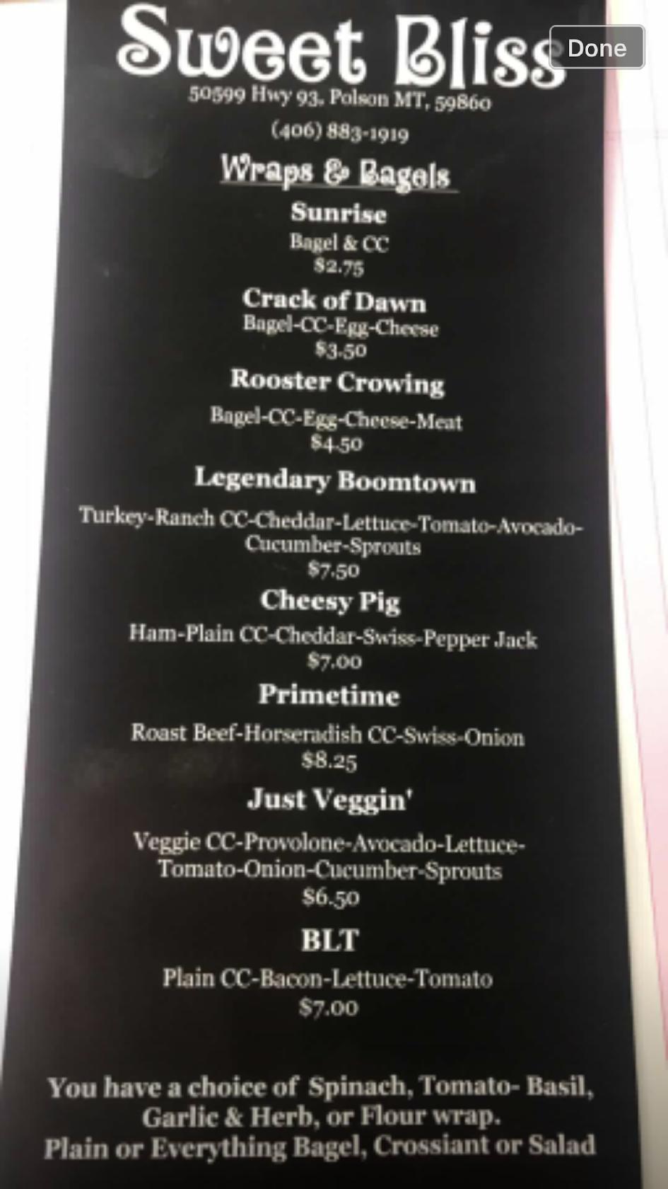 Menu at Sweet Bliss cafe, Polson, US-93