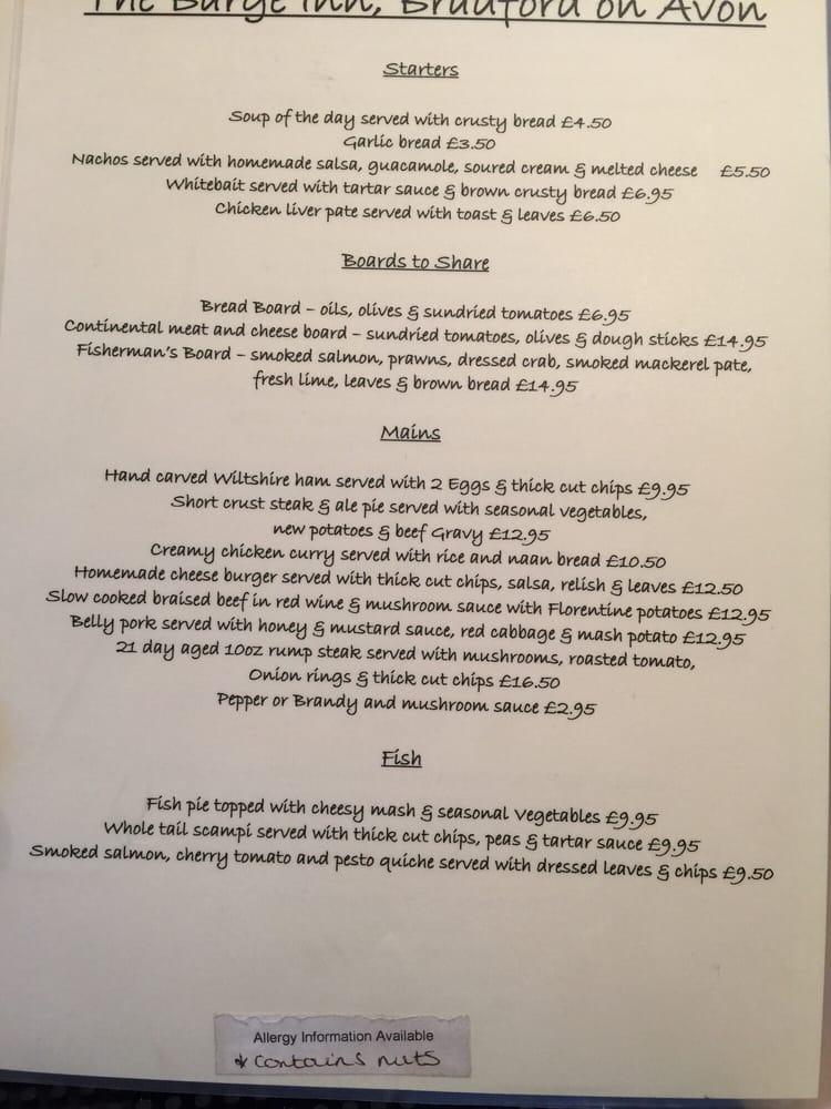 Menu at The Barge Inn, Bradford-on-Avon