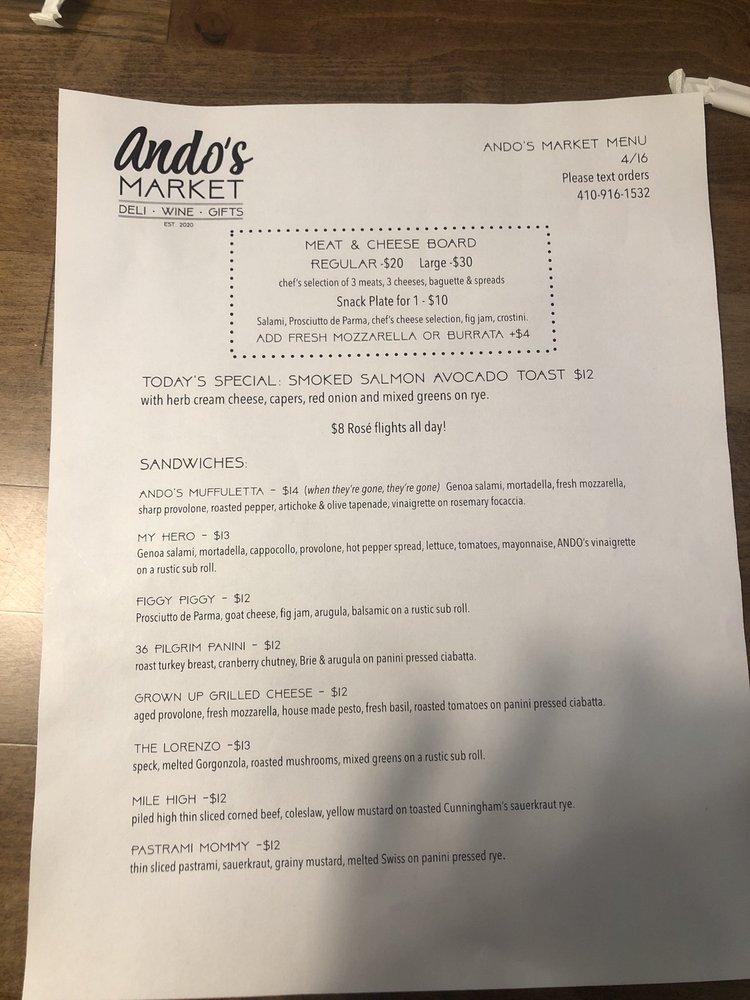 Menu at Ando's Market cafe, White Marsh