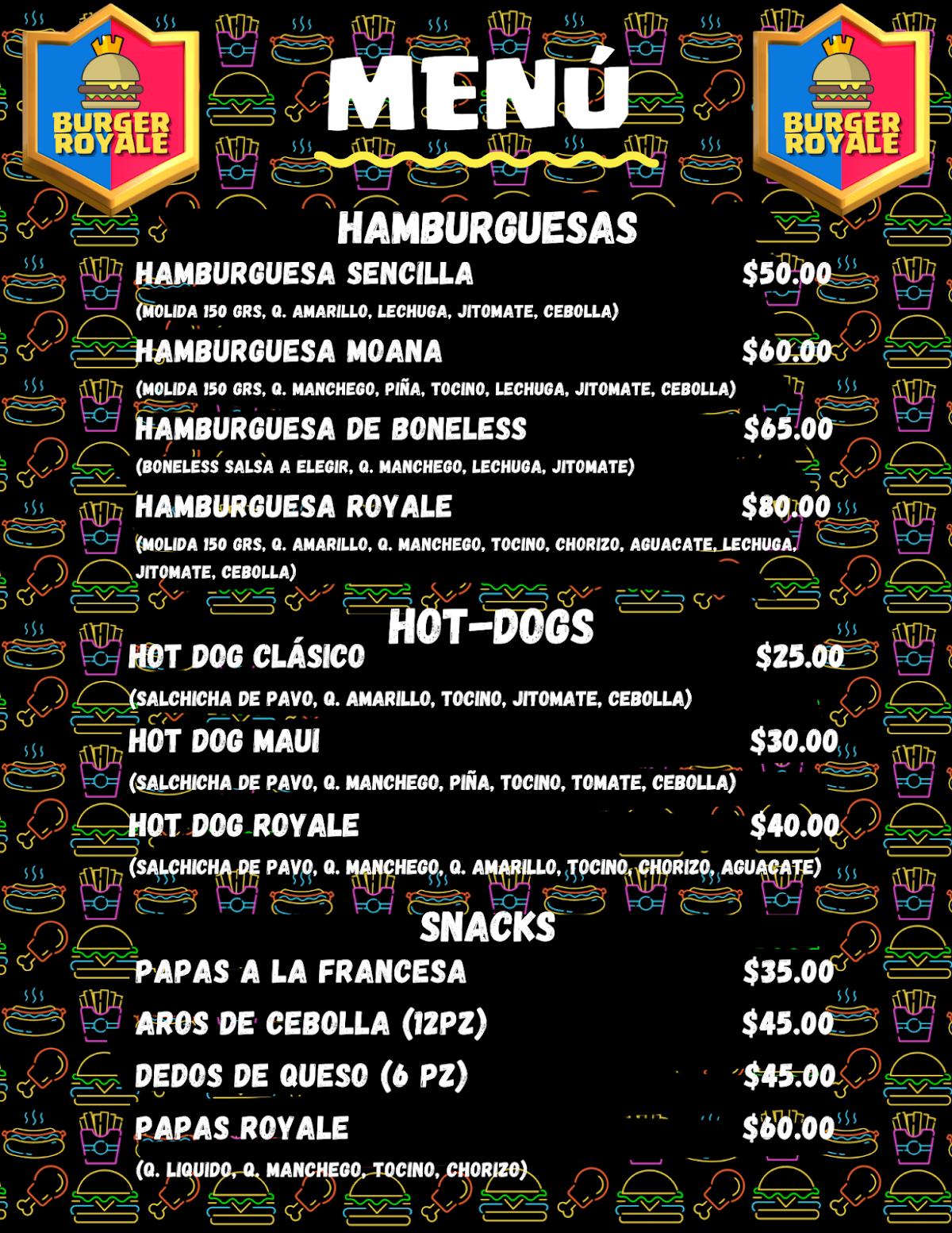 Carta del restaurante Burger Royale, Papantla del Olarte