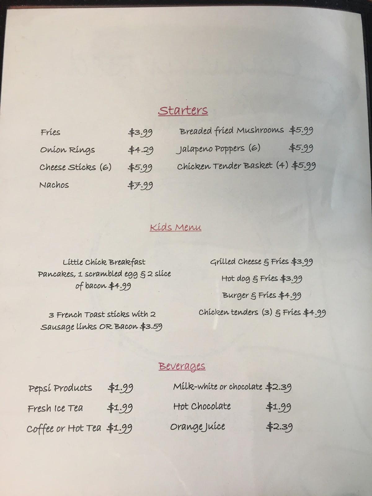 Menu at Country Red Hen restaurant, Peck