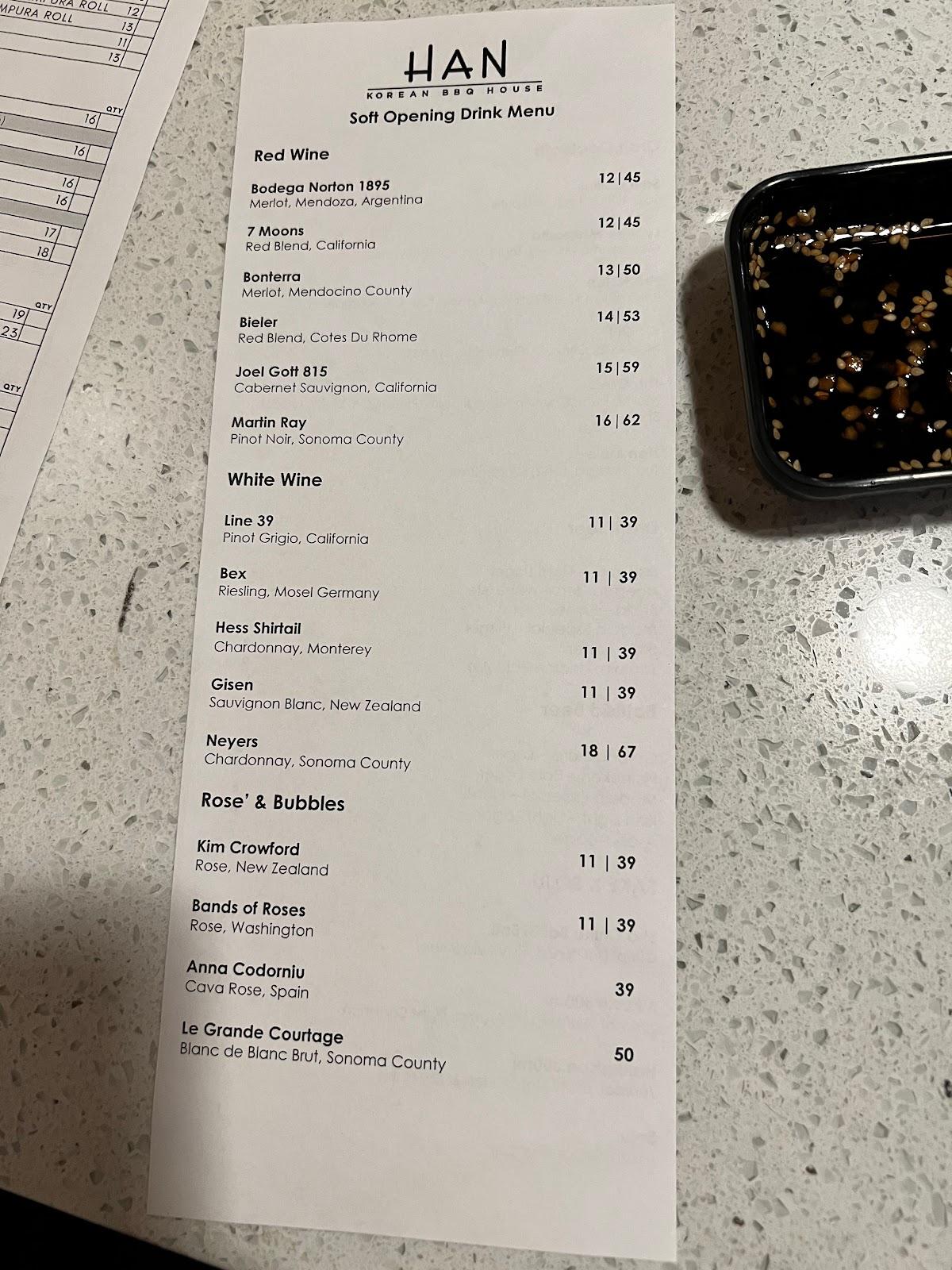Menu at Han Korean BBQ House, Burbank