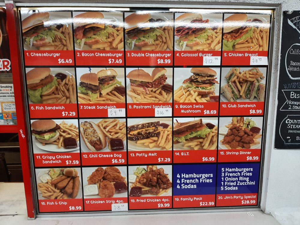 Menu at Jims Super Burgers fast food, Anaheim