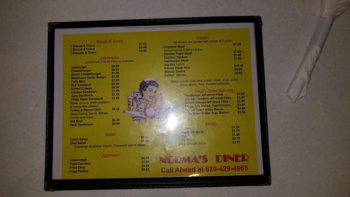Menu at Norma's Diner restaurant, Columbus, 126 S Kansas Ave