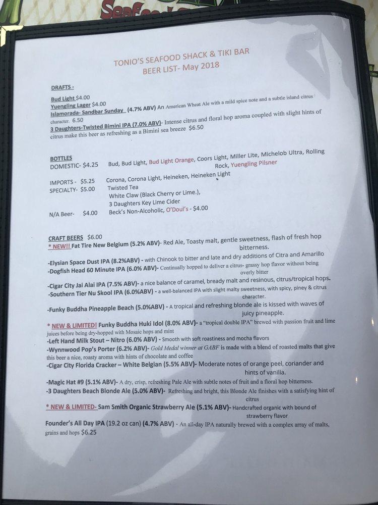Menu at Tonio's Seafood Shack & Tiki Bar, Summerland Key