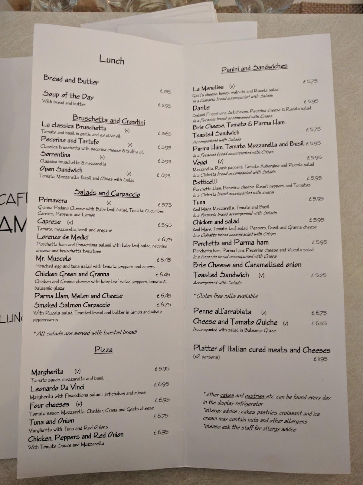 Menu at Cafe Fame, Glasgow